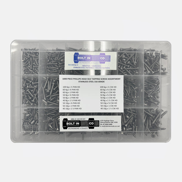 1000 Piece SS316 Phillips Head Self Tapping Screw Assortment Kit | Bolt ...